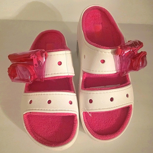 CROCS | Shoes | Crocs Pink White Terry Lined Slide Sandals With Pouch ...